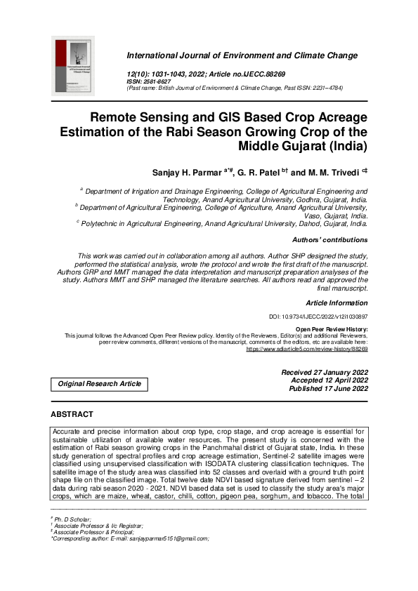 Pdf Remote Sensing And Gis Based Crop Acreage Estimation Of The Rabi Season Growing Crop Of