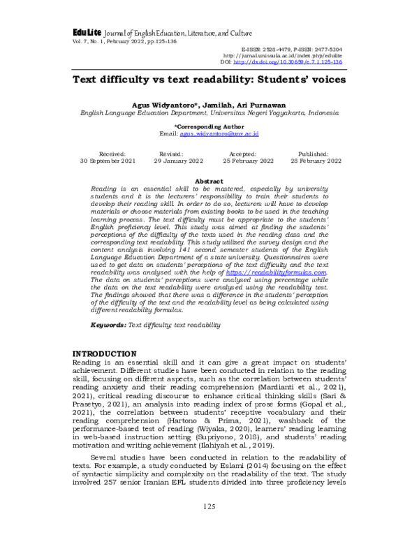 (PDF) Text difficulty vs text readability: Students voices
