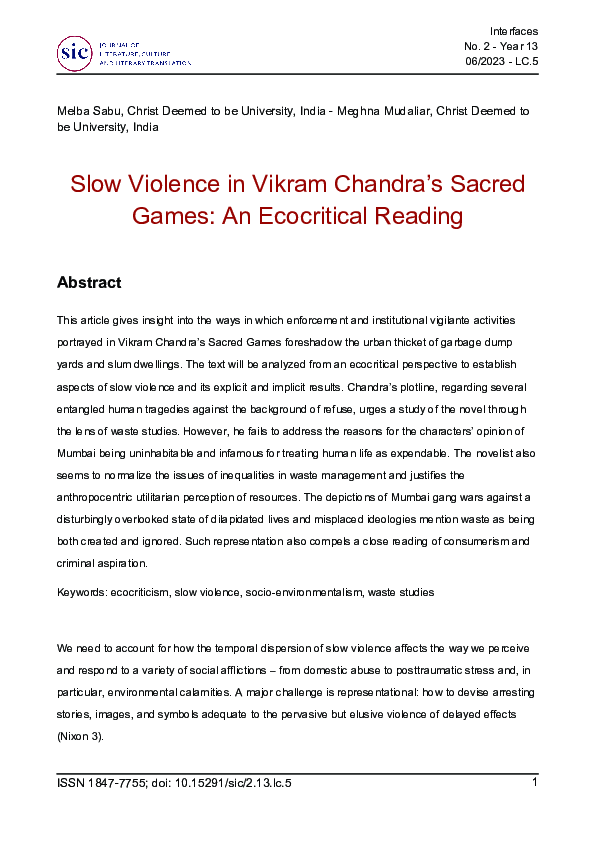(PDF) Slow Violence in Vikram Chandra’s Sacred Games: An Ecocritical ...