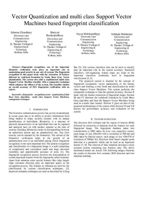 Pdf Vector Quantization And Multi Class Support Vector Machines Based Fingerprint Classification
