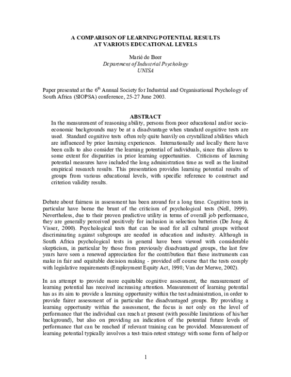 (PDF) A comparison of learning potential results at various educational ...