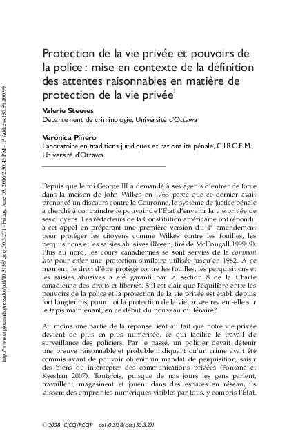 (PDF) Protection de la vie privée et pouvoirs de la police : mise en ...
