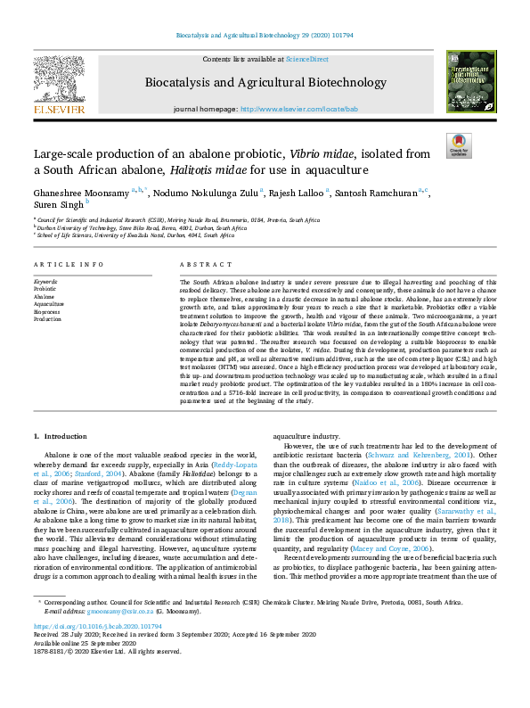 Large-scale production of an abalone probiotic, Vibrio midae, isolated ...