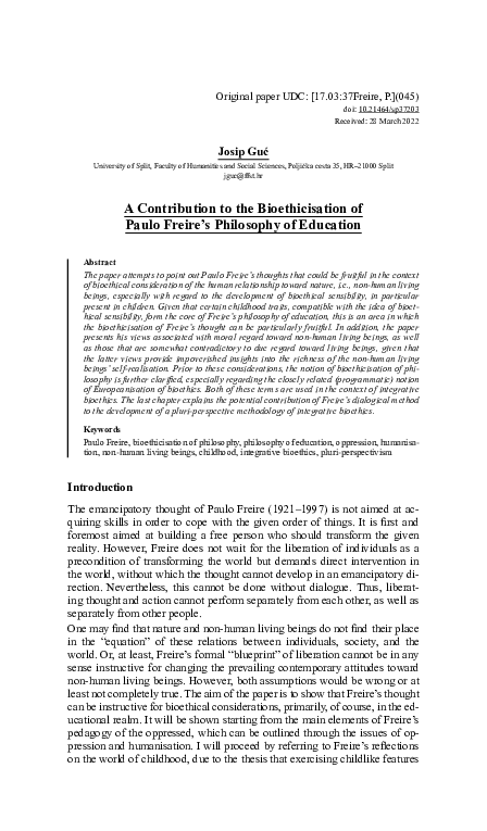 (PDF) A Contribution to the Bioethicisation of Paulo Freire's ...