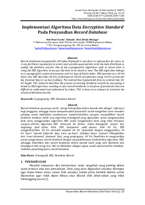 Pdf Implementasi Algoritma Data Encryption Standard Pada Penyandian Record Database