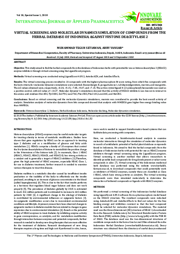 (PDF) VIRTUAL SCREENING AND MOLECULAR DYNAMICS SIMULATION OF COMPOUNDS ...