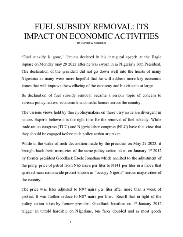 (DOC) FUEL SUBSIDY REMOVAL: ITS IMPACT ON ECONOMIC ACTIVITIES