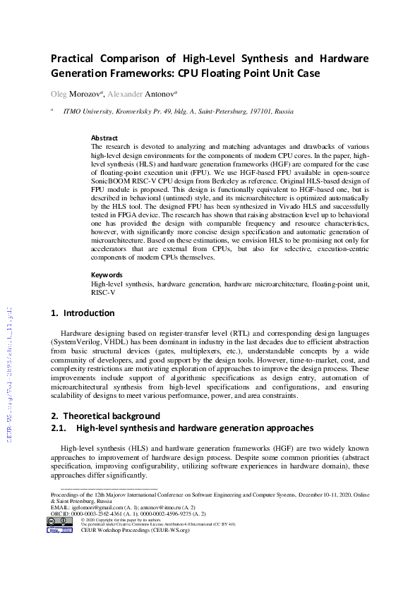 Pdf Practical Comparison Of High Level Synthesis And Hardware Generation Frameworks Cpu