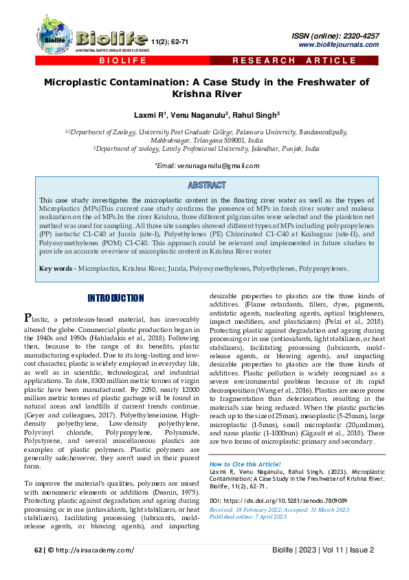 (PDF) Microplastic Contamination: A Case Study in the Freshwater of Krishna River