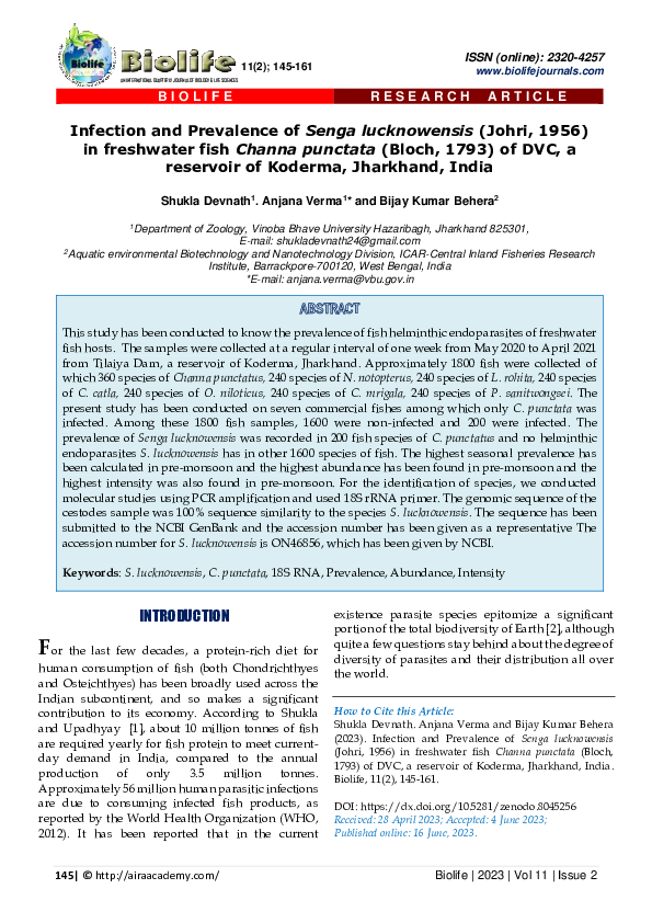 (PDF) Infection and Prevalence of Senga lucknowensis (Johri, 1956) in ...
