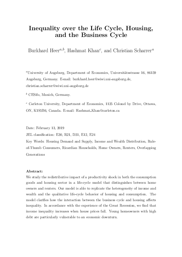 (PDF) Inequality over the Life Cycle, Housing, and the Business Cycle
