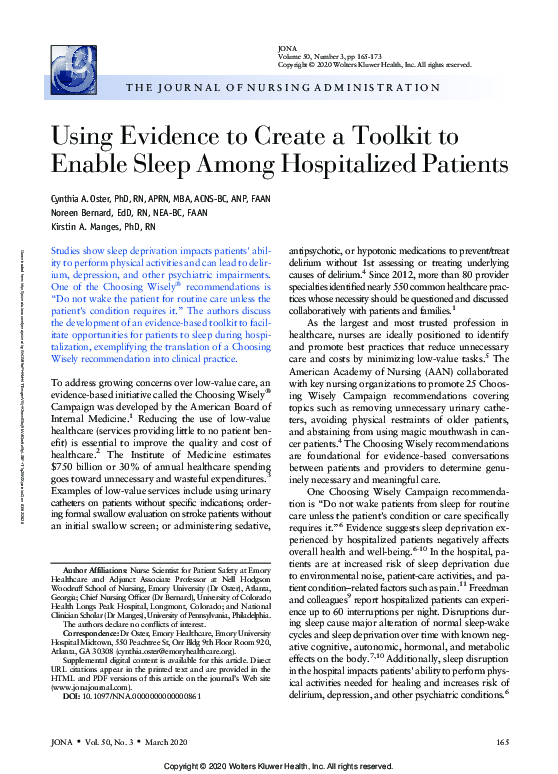 (PDF) Using Evidence to Create a Toolkit to Enable Sleep Among Hospitalized Patients