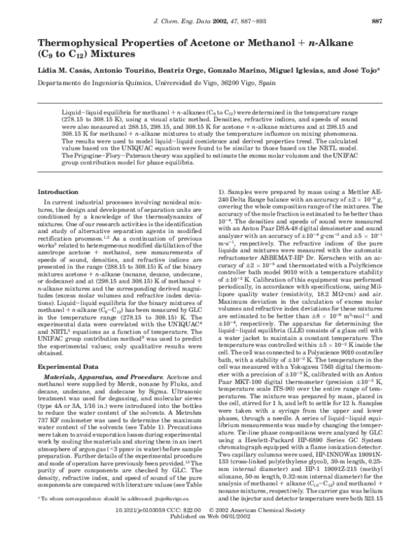 (PDF) Thermophysical Properties of Acetone or Methanol + n-Alkane (C9 to C12) Mixtures