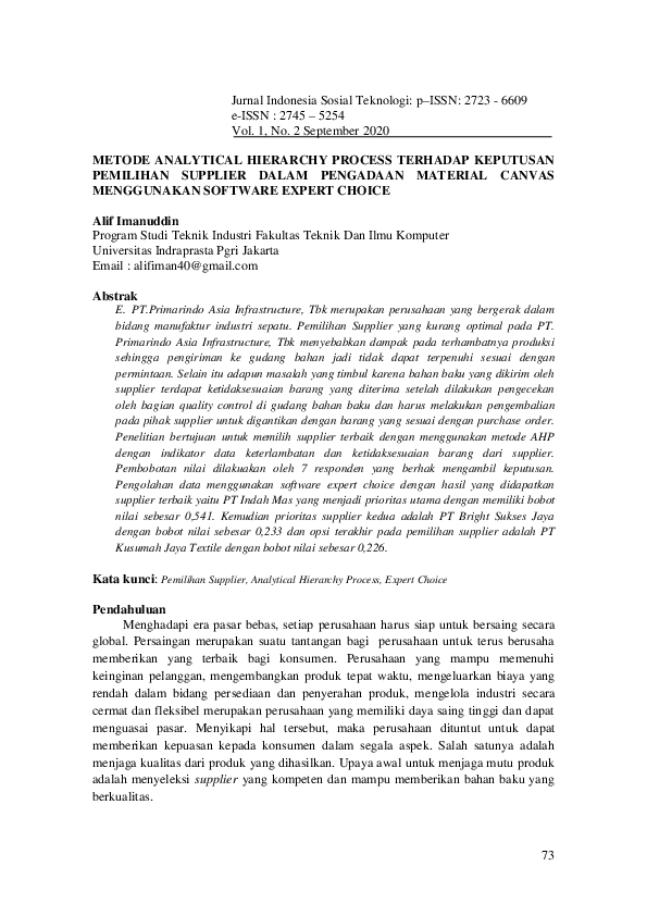 (PDF) Penerapan Metode Analytical Hierarchy Process Terhadap Keputusan Pemilihan Supplier Dalam ...