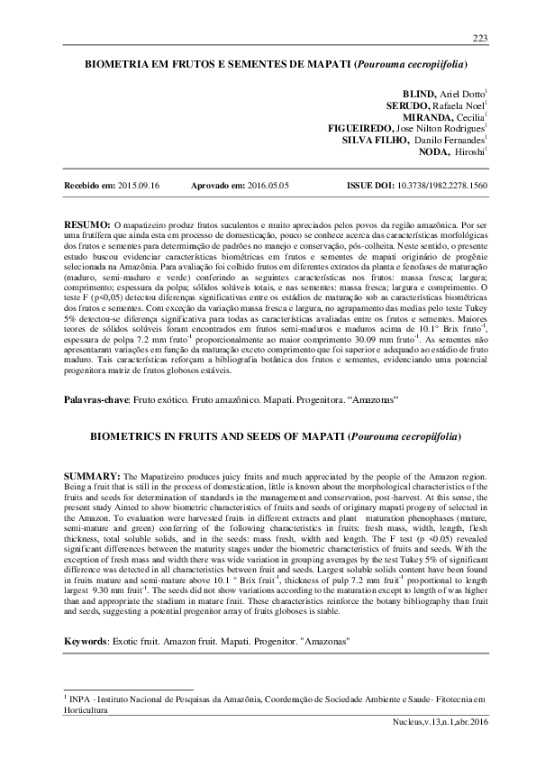 (PDF) BIOMETRIA EM FRUTOS E SEMENTES DE MAPATI (Pourouma cecropiifolia)