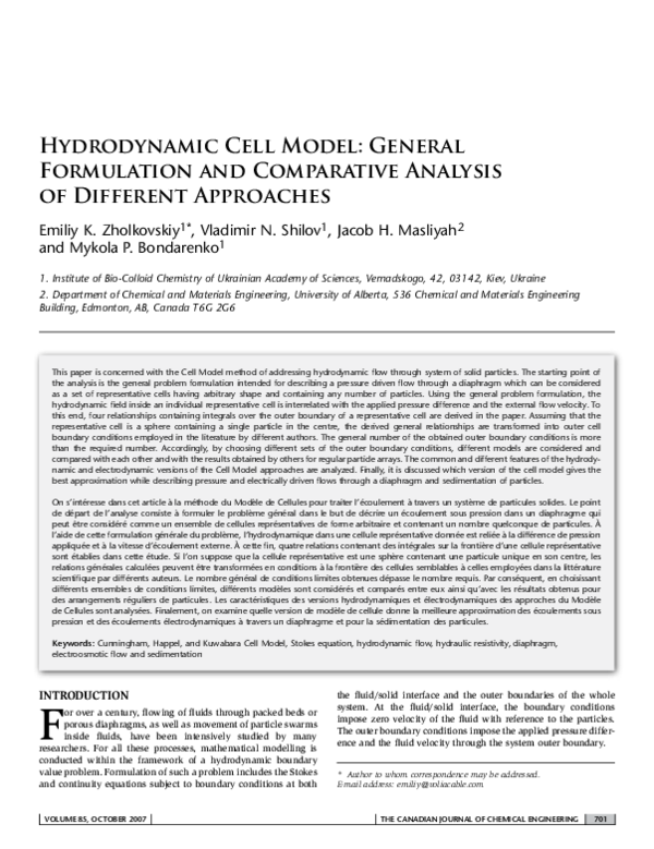 (PDF) Hydrodynamic Cell Model: General Formulation and Comparative Analysis of Different Approaches