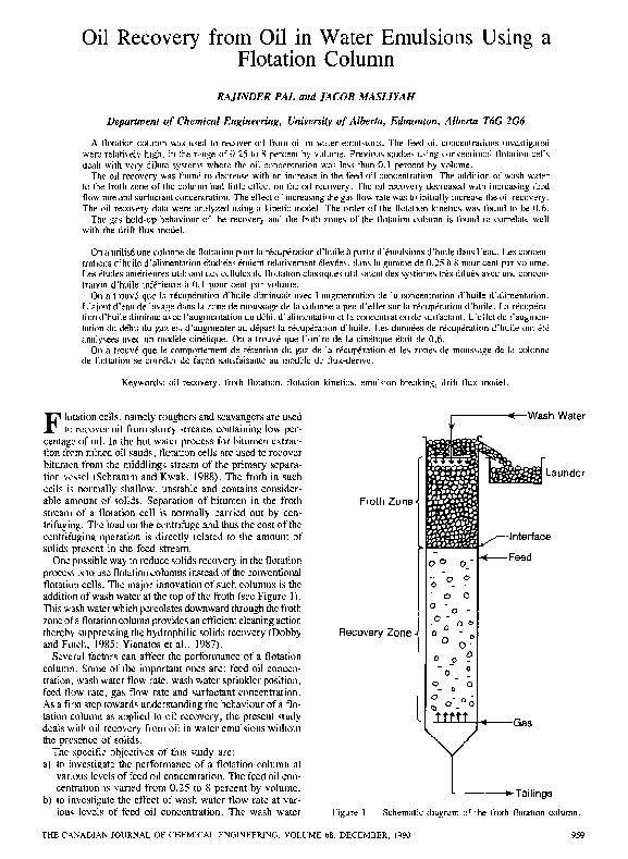 (PDF) Oil recovery from oil in water emulsions using a flotation column