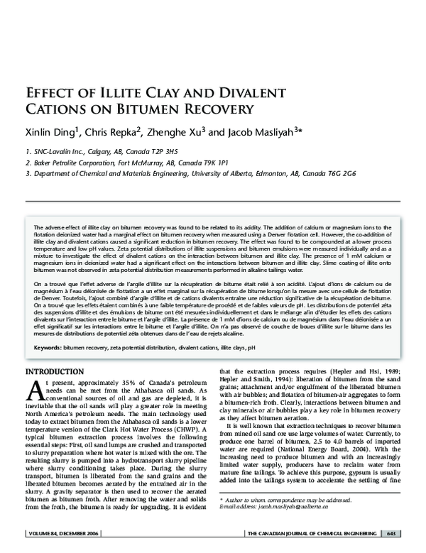 (PDF) Effect of Illite Clay and Divalent Cations on Bitumen Recovery