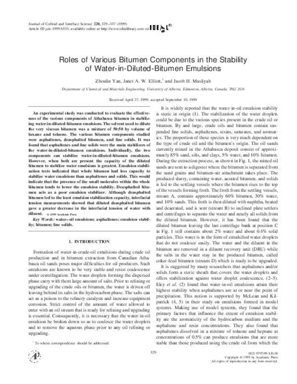 (PDF) Roles of Various Bitumen Components in the Stability of Water-in ...