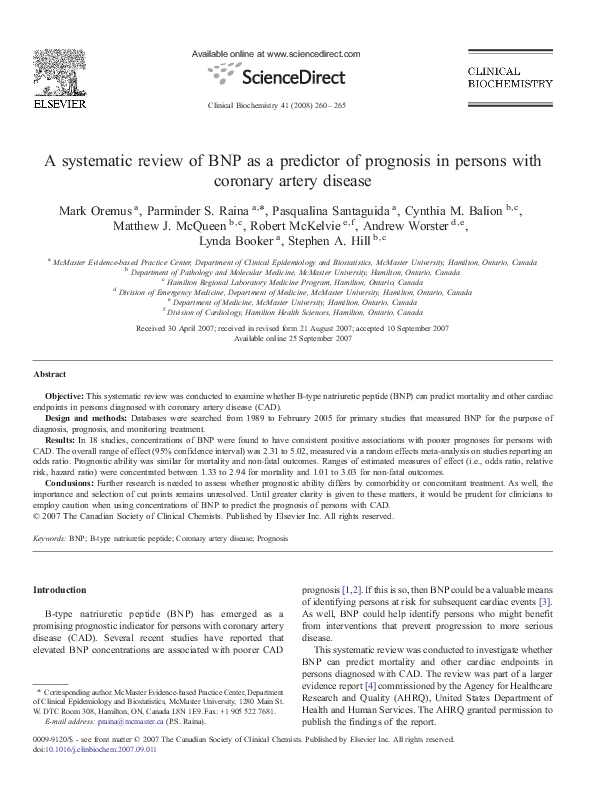 (PDF) A systematic review of BNP as a predictor of prognosis in persons with coronary artery disease
