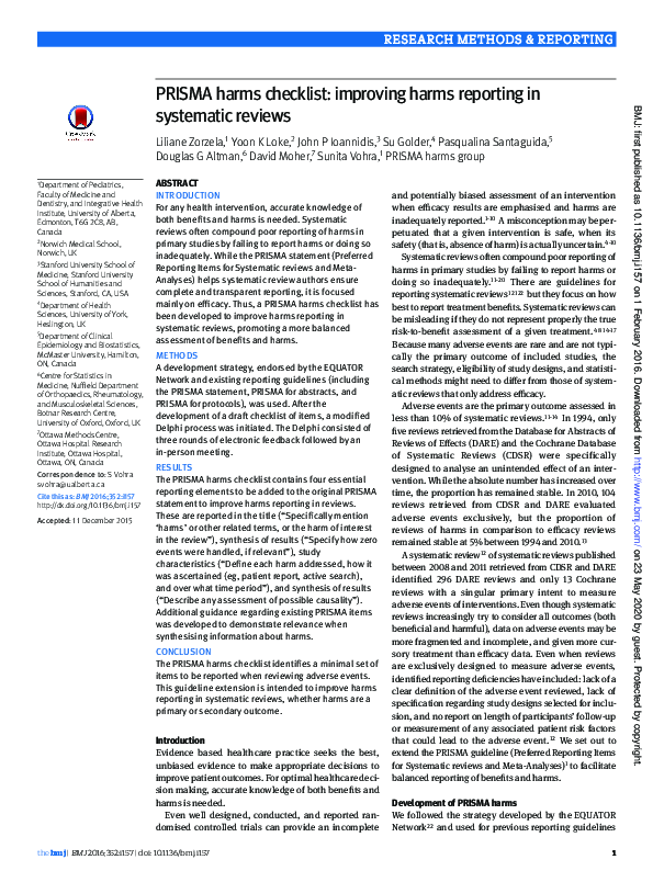 (PDF) PRISMA harms checklist: improving harms reporting in systematic ...