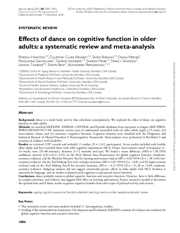 (PDF) Effects of dance on cognitive function in older adults: a systematic review and meta-analysis