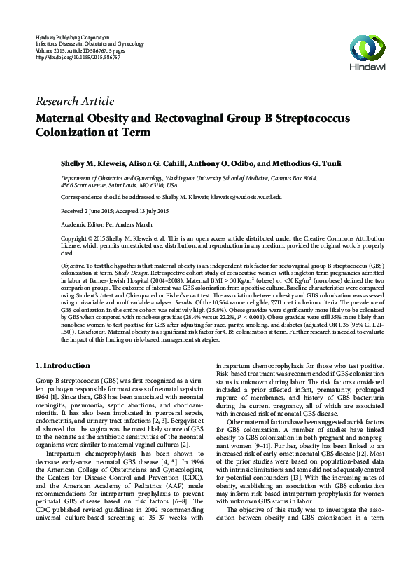 (PDF) Maternal Obesity and Rectovaginal Group B Streptococcus ...