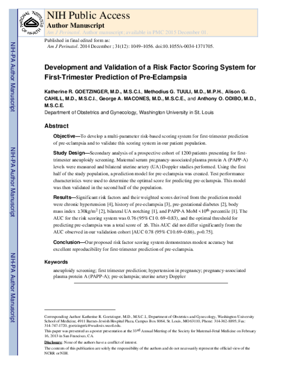 (PDF) Development and Validation of a Risk Factor Scoring System for First-Trimester Prediction ...