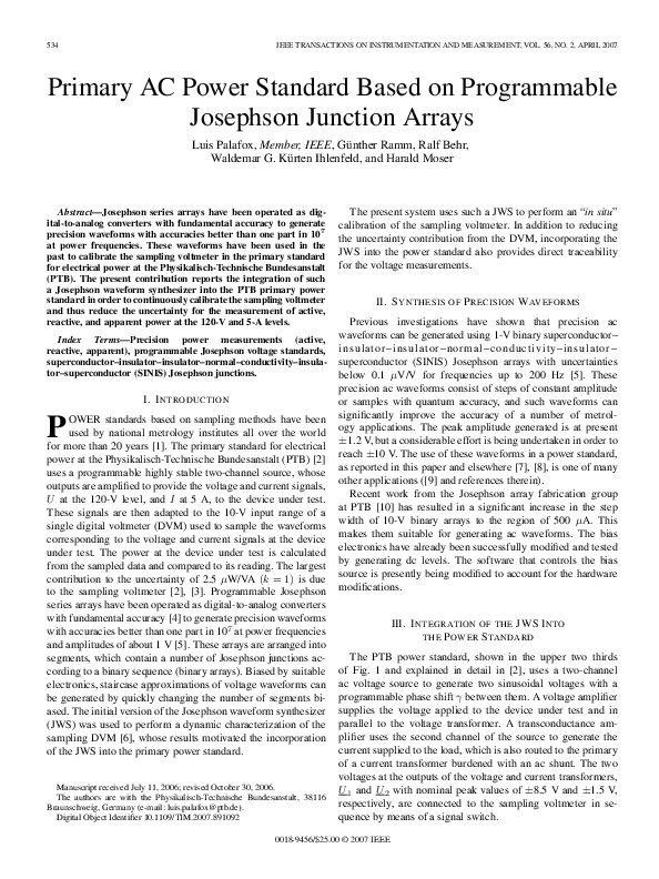 (PDF) Primary AC Power Standard Based on Programmable Josephson Junction Arrays