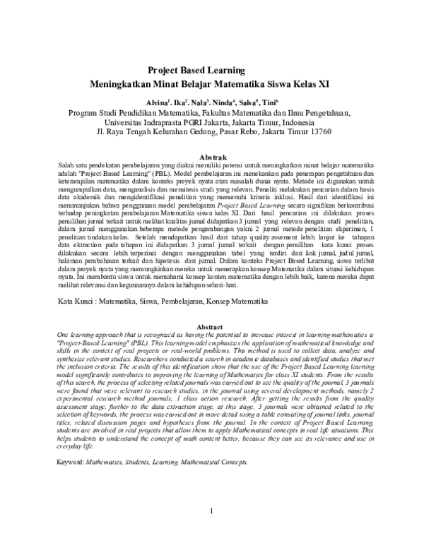 (PDF) Project Based Learning Meningkatkan Minat Belajar Matematika Siswa Kelas XI