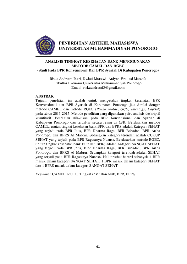(PDF) Analisis Tingkat Kesehatan Bank Menggunakan Metode Camel Dan Rgec