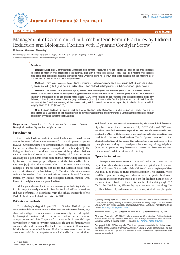 (PDF) Management of Comminuted Subtrochanteric Femur Fractures by ...