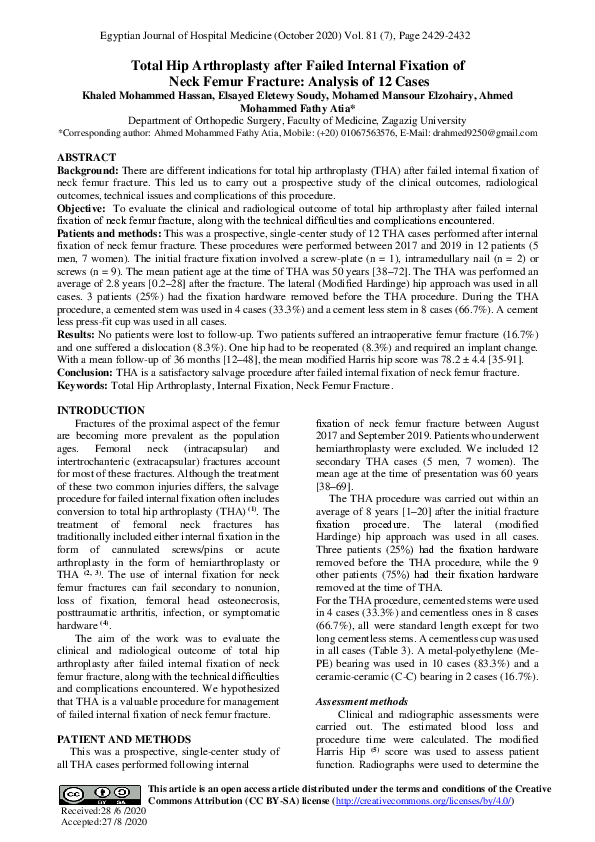 (PDF) Total Hip Arthroplasty after Failed Internal Fixation of Neck ...