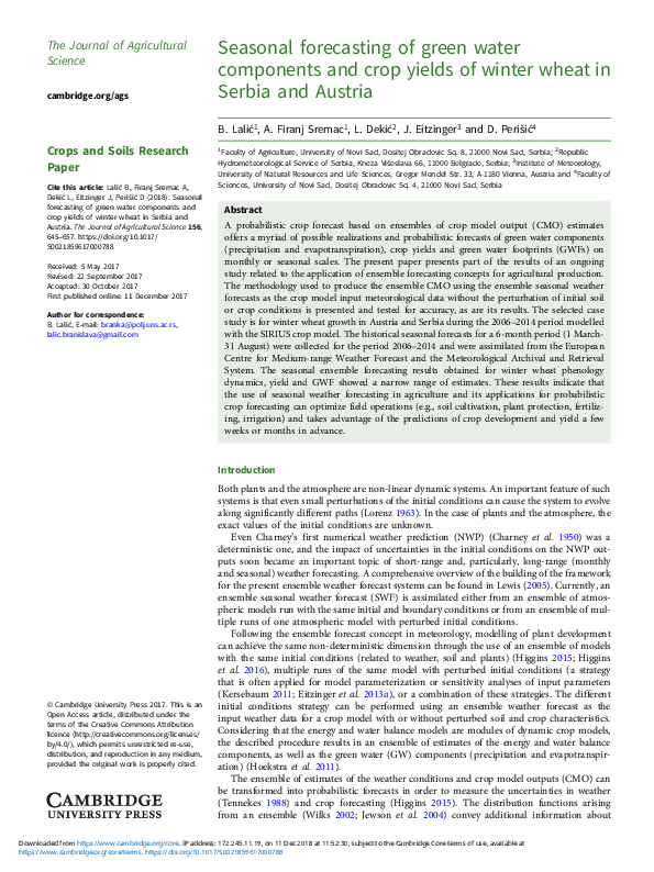 (PDF) Seasonal forecasting of green water components and crop yields of winter wheat in Serbia ...