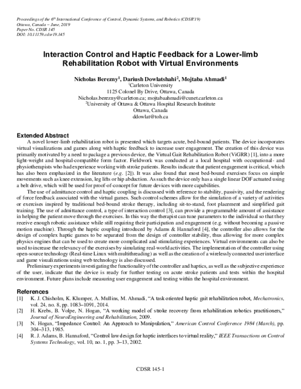 (PDF) Interaction Control and Haptic Feedback for a Lower-limb Rehabilitation Robot with Virtual ...