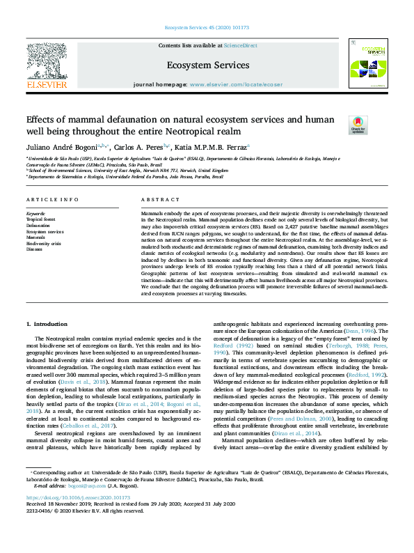(PDF) Effects of mammal defaunation on natural ecosystem services and ...