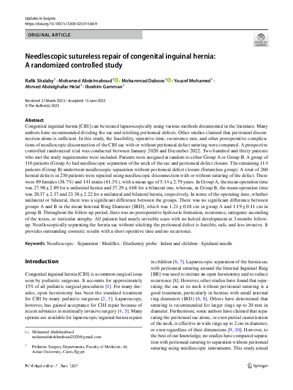 (PDF) Needlescopic sutureless repair of congenital inguinal hernia: A randomized controlled study