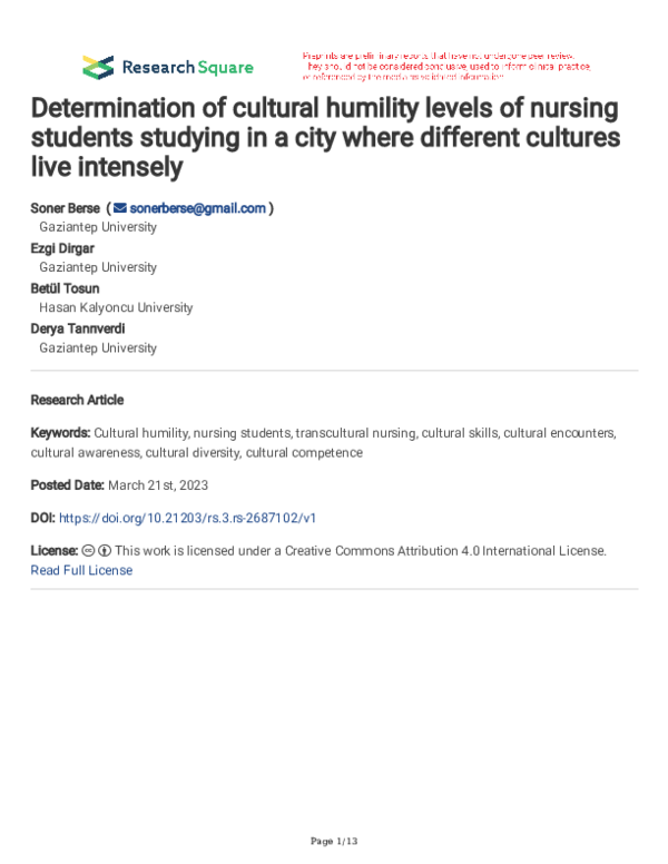 (PDF) Determination of cultural humility levels of nursing students ...