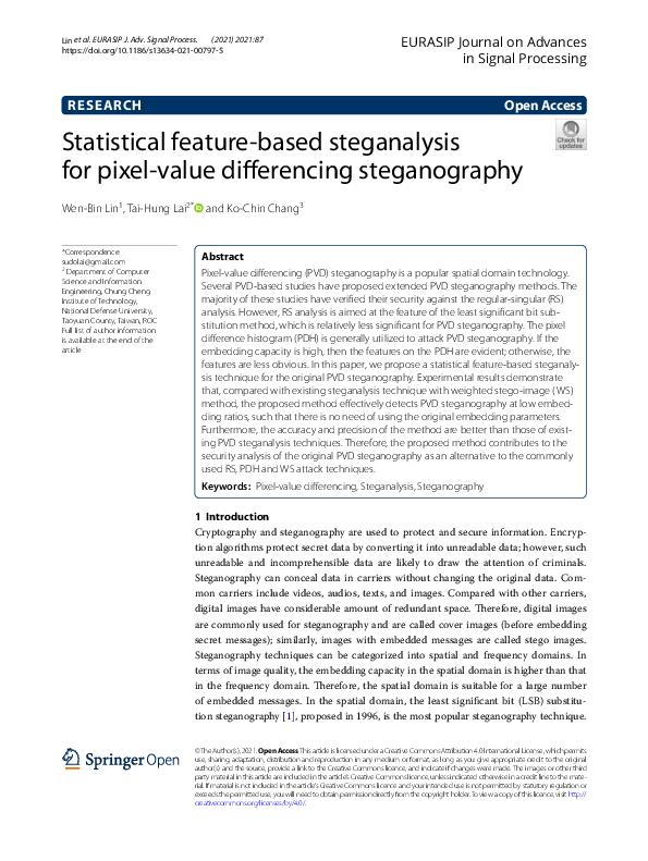 (PDF) Statistical feature-based steganalysis for pixel-value differencing steganography