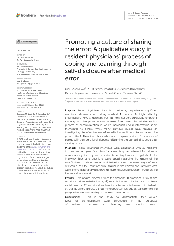 (PDF) Promoting a culture of sharing the error: A qualitative study in resident physicians ...