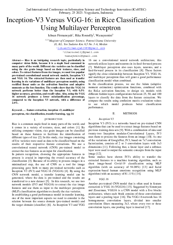 (PDF) Inception-V3 Versus VGG-16: in Rice Classification Using Multilayer Perceptron