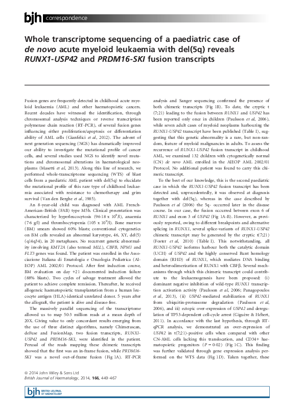 (PDF) Whole transcriptome sequencing of a paediatric case ofde novoacute myeloid leukaemia with ...