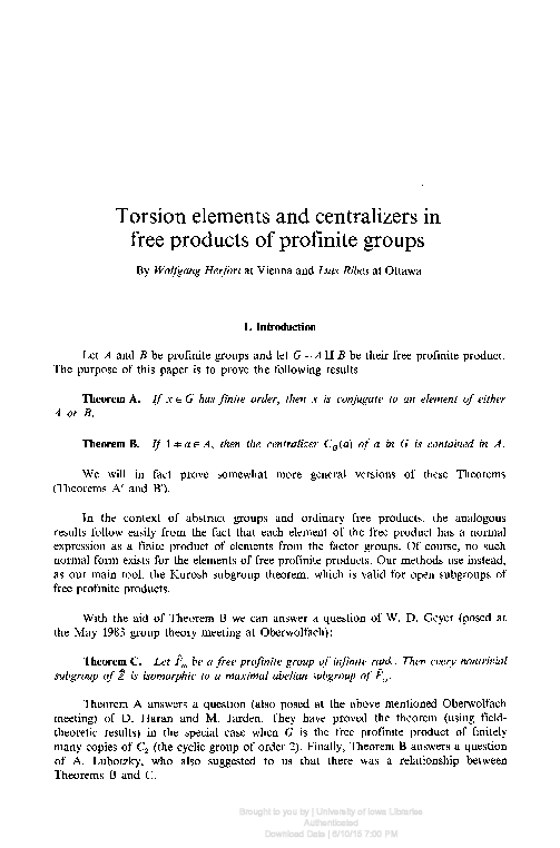 (PDF) Torsion elements and centralizers in free products of profinite groups