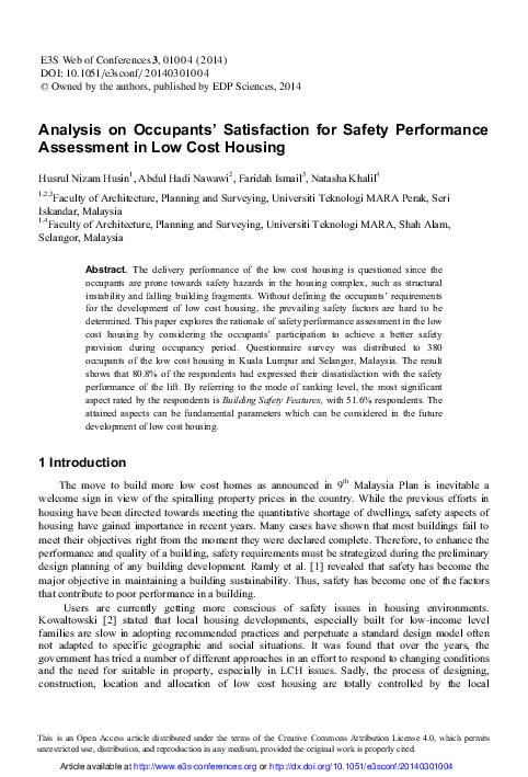 Pdf Analysis On Occupants Satisfaction For Safety Performance Assessment In Low Cost Housing