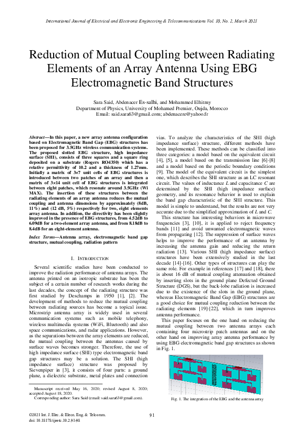 Pdf Reduction Of Mutual Coupling Between Radiating Elements Of An Array Antenna Using Ebg 