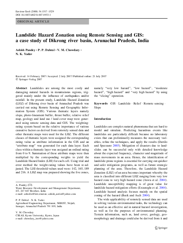 (PDF) Landslide Hazard Zonation using Remote Sensing and GIS: a case study of Dikrong river ...