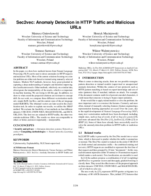 Pdf Sec2vec Anomaly Detection In Traffic And Malicious Urls