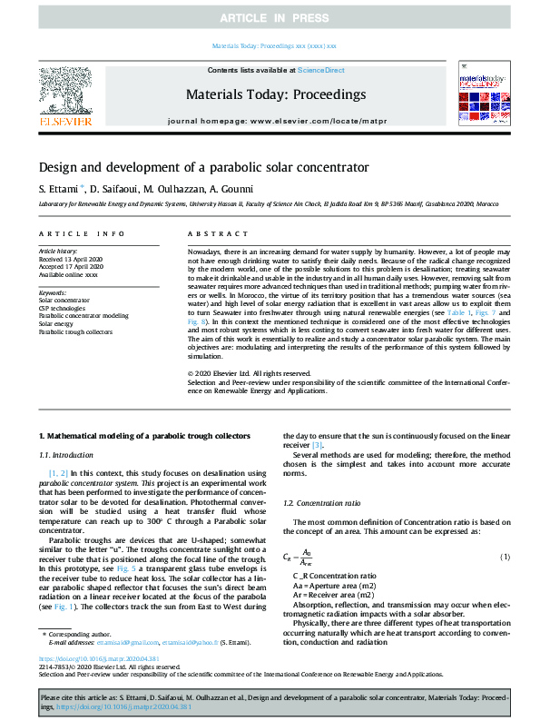 (PDF) Design and development of a parabolic solar concentrator