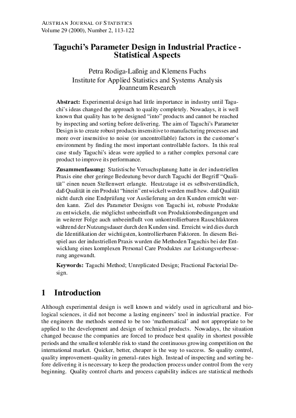 (PDF) Taguchi’s Parameter Design in Industrial Practice - Statistical Aspects