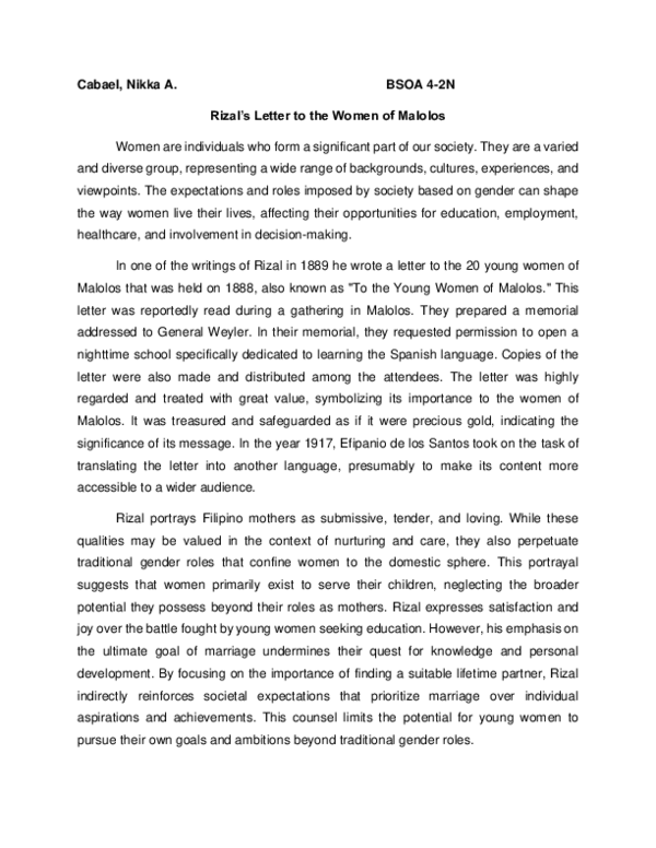 (PDF) Rizal’s Letter to the Women of Malolos